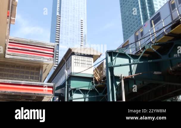 New York elevated subway, metropolitan train bridge, metro track above ...
