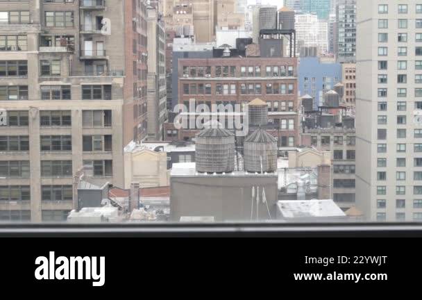 New York City Manhattan cityscape. Rooftop water towers from view point ...