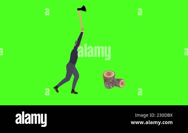 Cartoon animation with lumberjack man working with hatchet ax chroma ...