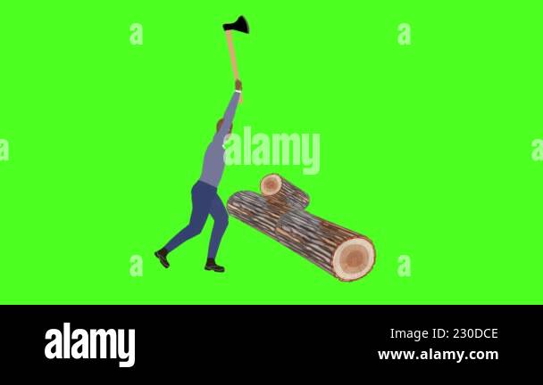 Cartoon animation with lumberjack man working with hatchet ax chroma ...
