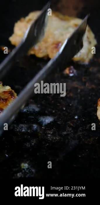 Burger, Grilled meatballs and motion camera videos, cooking meat on the ...