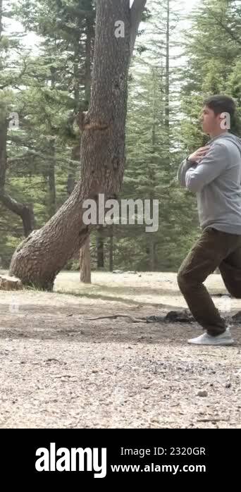 Image of young man doing sports on green forest bench, get stronger by ...