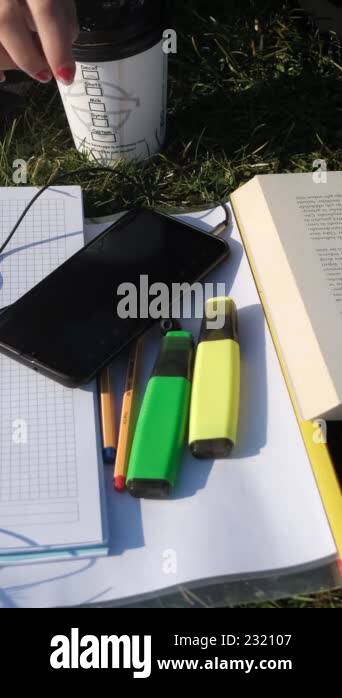 Student studying on grass, study environment on natural desk, exam preparation in park Stock ...