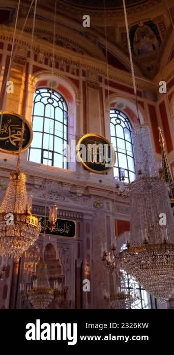 Panoramic view from inside the Ortakoy Mosque, the interior ...
