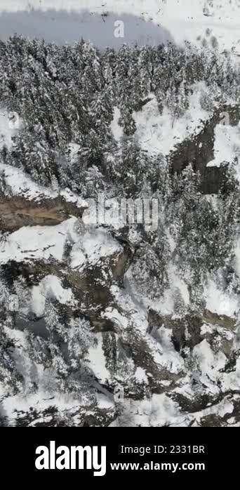Top view of snowy forest from highway crossing in winter, snow covered ...