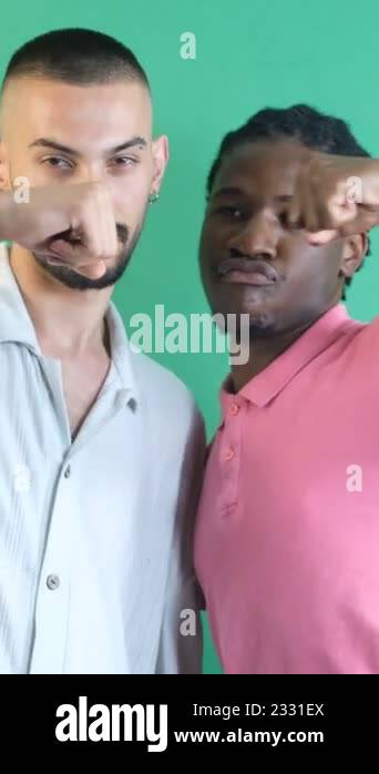 Two men handshake, friends special greeting gesture, men show to posing ...