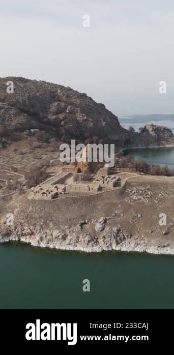 Drone view of akdamar island, view of historical island in the middle ...