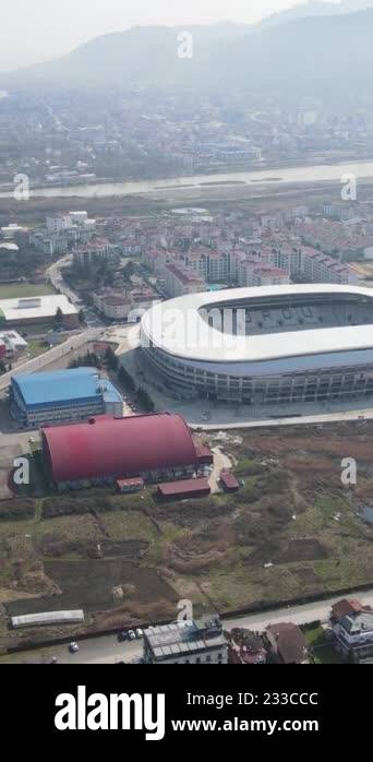 Aerial drone view of Ordy city newly built football stadium in Turkey ...