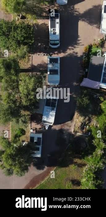 Caravan accommodation, aerial view of caravans parked in the parking ...