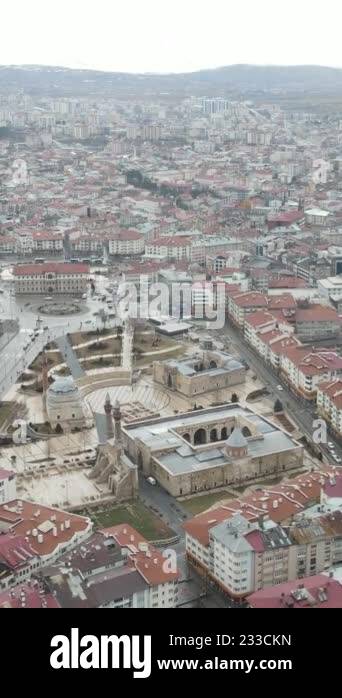 Aerial view of Sivas city center and republic square, double minaret ...