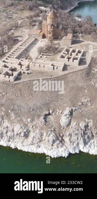 Aerial drone view of Akdamar church, the ruins of the ancient church ...