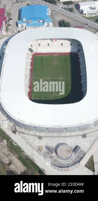 Aerial drone view of Ordy city newly built football stadium in Turkey ...