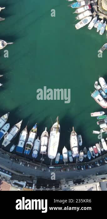 Aerial drone view of Girne marina, harbor where yachts anchor, view of ...