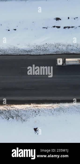 Passage of cargo truck on snowy road for aerial, cargo transportation ...