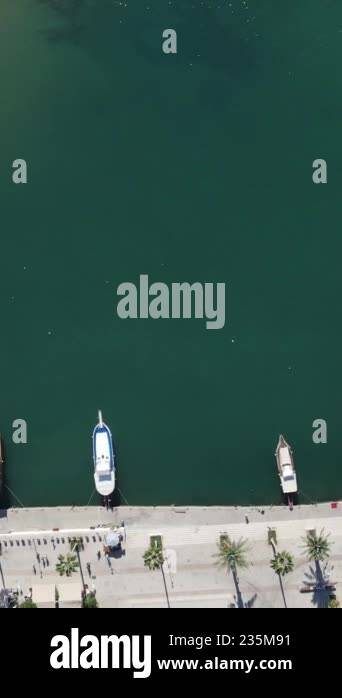 Boats in the small harbor, Drone view of boats from above in a small ...
