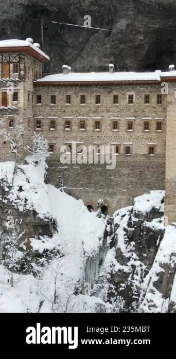 Aerial view of old christian place Sumela Monastery, drone shot ...
