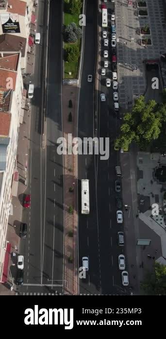 City center view, Aerial drone view of vehicles moving on highway in ...