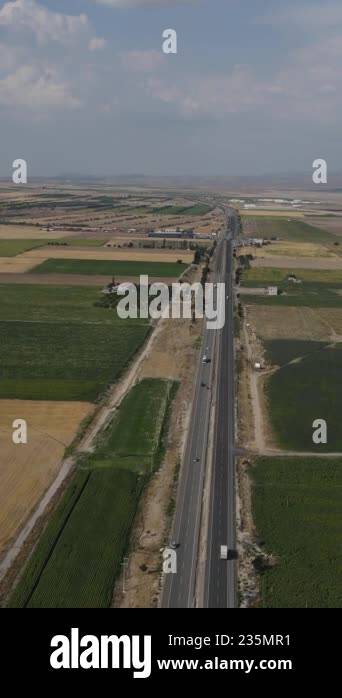 Railway aerial view, Aerial drone view of farmlands on a wide plain and ...