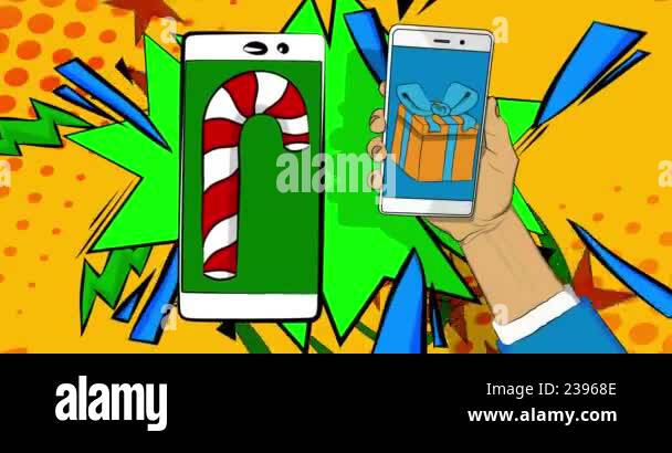Cartoon Smartphone, comic book Telephone with Gift Box and Candy cane ...