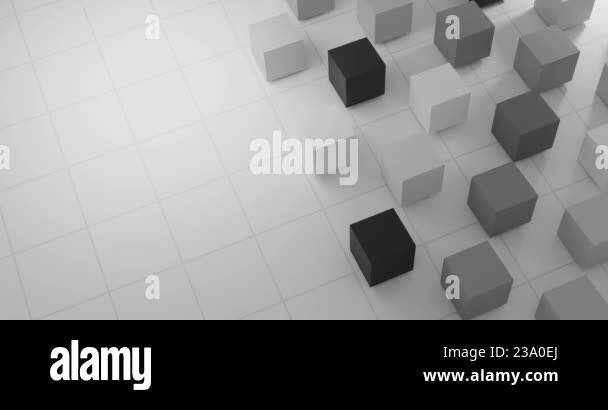 A white background with grayscale cubes rolling on a tile floor. 3D ...