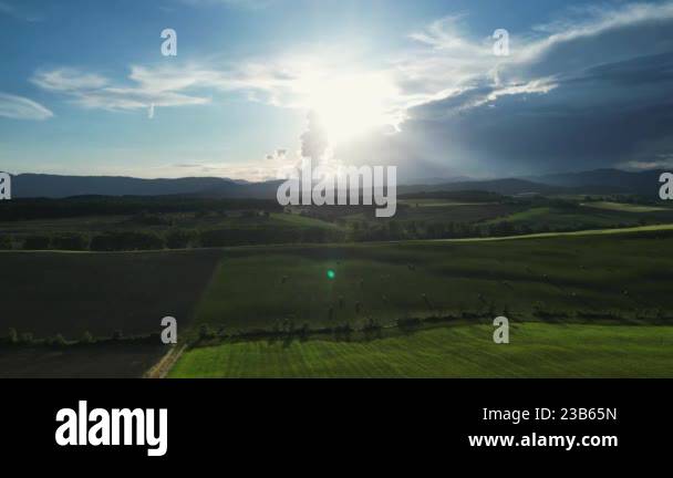 Classic Tuscany landscape with green hills and farmland country at ...