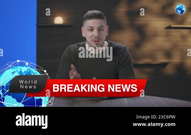 Young male presenter delivering breaking news at a desk, with a modern ...