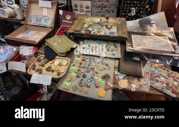 Close-up of a diverse collection of vintage collectibles, including ...