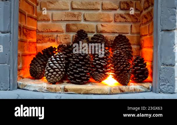 burning fire with cones and cones in the fireplace Stock Video Footage ...