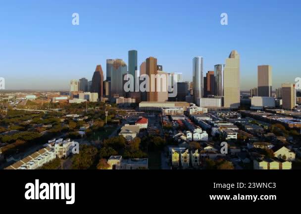 Stunning aerial view highlights Houstons vibrant skyline at sunset ...