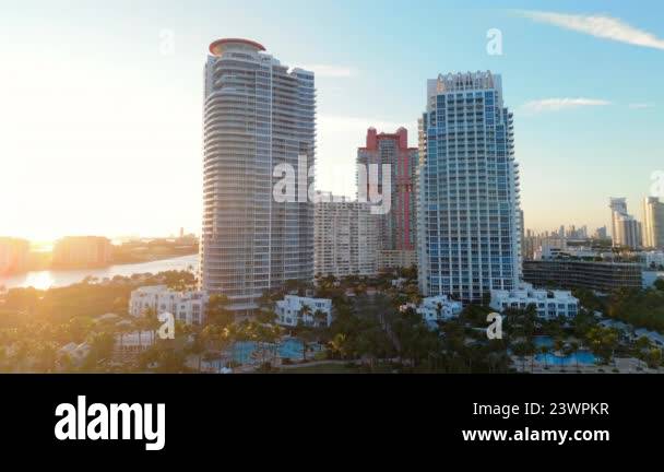 Aerial photography highlights sunset over Miami Beach stunning skyline ...