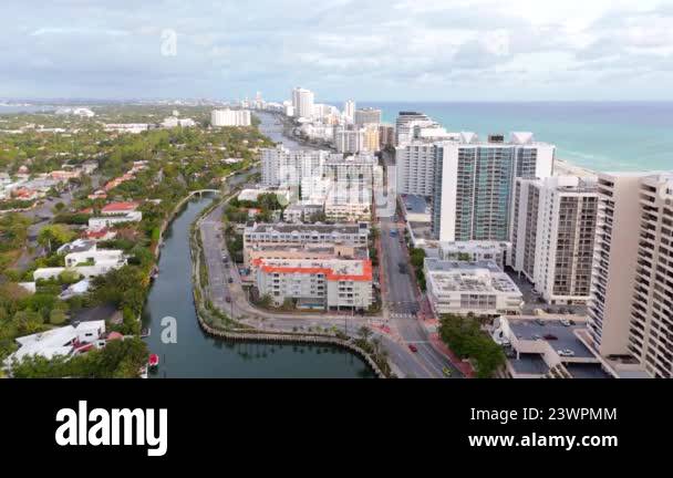This stunning aerial view showcases a tropical Miami Beach neighborhood ...