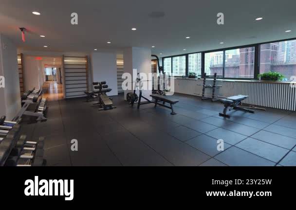 A sleek and bright gym that features various workout stations and a ...