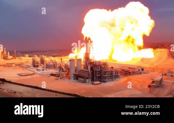 Oil refinery burning, oil depot fire, drone attack. High quality 4k ...