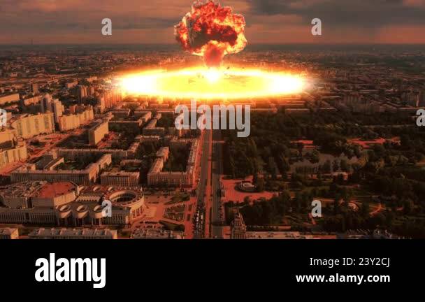 Nuclear Atom Explosion over City, Aerial view Drone view over city at ...