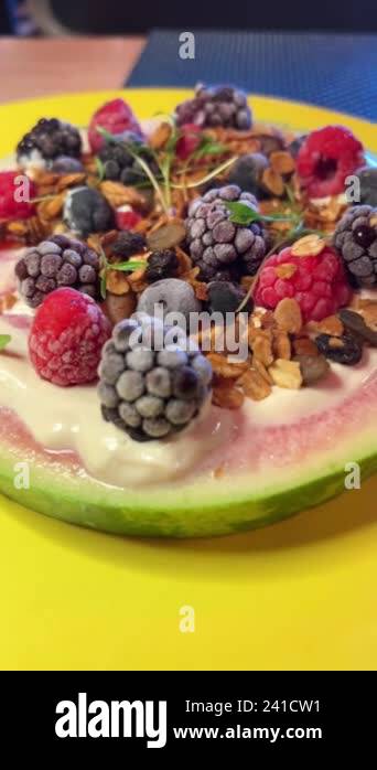 watermelon with frozen berries. mine blackberry cereal and yogurt ...