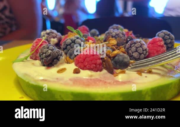watermelon with frozen berries. mine blackberry cereal and yogurt ...