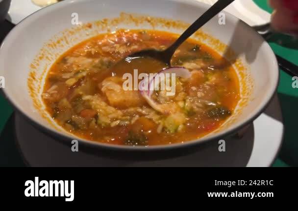food video mole de panza menudo or mondongo close up. vegetable tomato ...