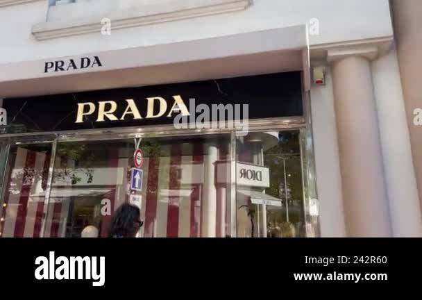 Prada logo sign and text brand on store facade entrance shop Croisette ...