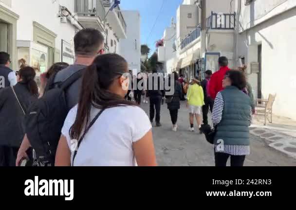 Old Town of Mykonos, Chora, whitewashed cubic houses, bright colors ...
