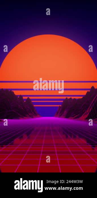 Retro sunset landscape motion vertical background. Futuristic retro 90s ...