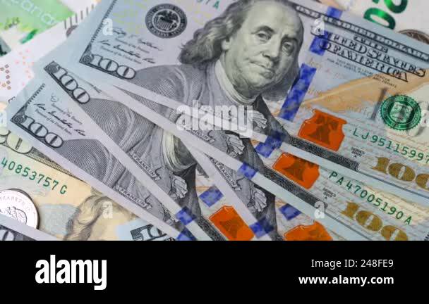 Closeup and detailed view of banknotes of different currencies and ...