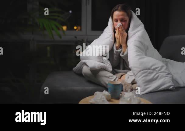 Sick girl got flu or caught cold, having allergy symptoms. Ill allergic ...