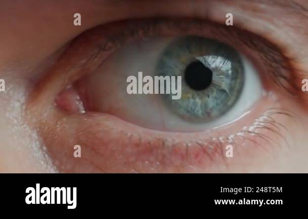 Close up of human eye opening and looking around. Macro shot of ...