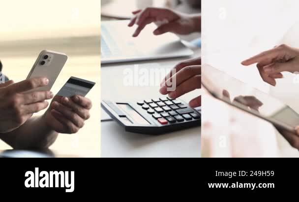 Close up hands of diverse people pay bills, check finances, planning ...