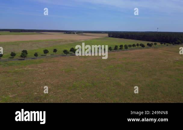 Aerial view of a countryside landscape with a road, trees, and ...