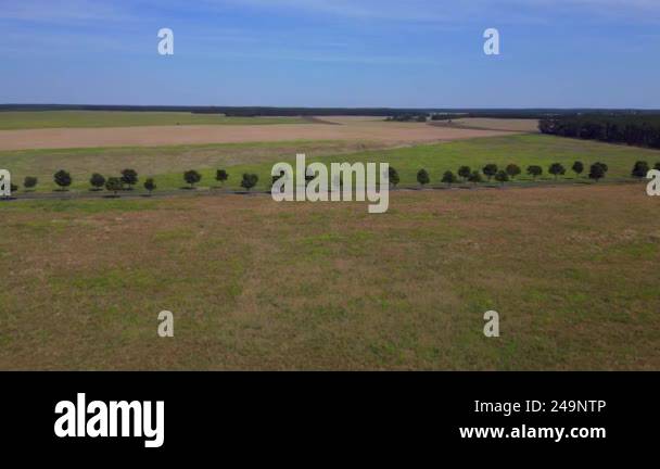 Aerial view of cars driving on a countryside road crossing vast fields ...
