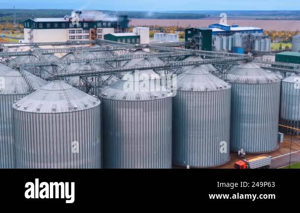 Group of silo tanks at the territory of agricultural plant. Smoke goes ...