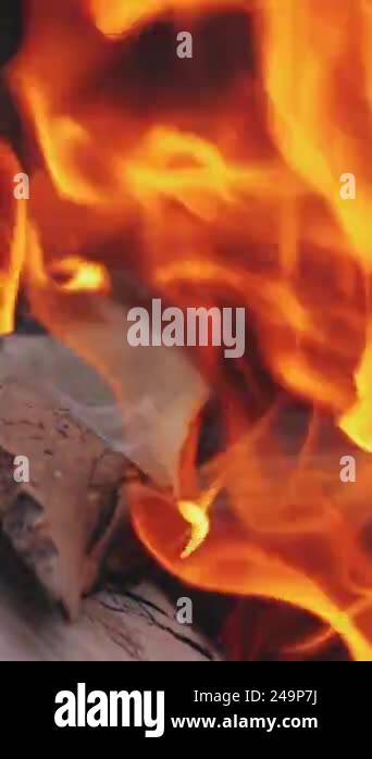 Close up of fireplace full of wood and fire. Slow motion Vertical video ...