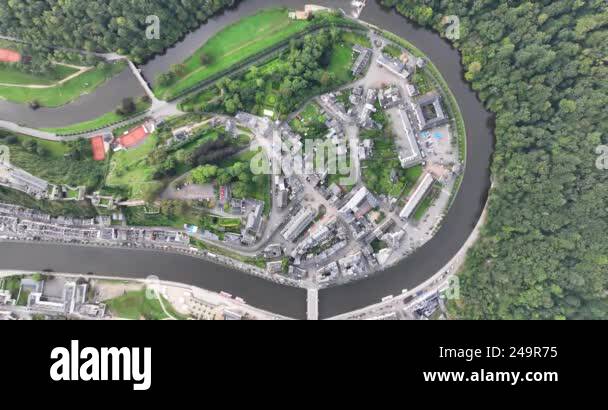 An aerial view top down view on the small city of Bouillon, Bouillon is ...