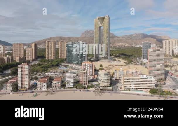 Aerial view of Benidorm beachfront, showcasing the iconic Intempo Tower ...